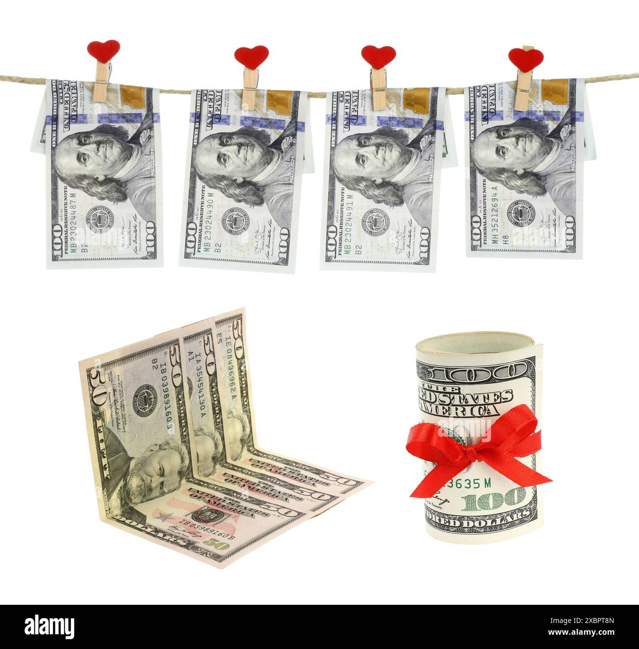 Set of Money concepts with US Dollar banknotes hanging on rope attached ...