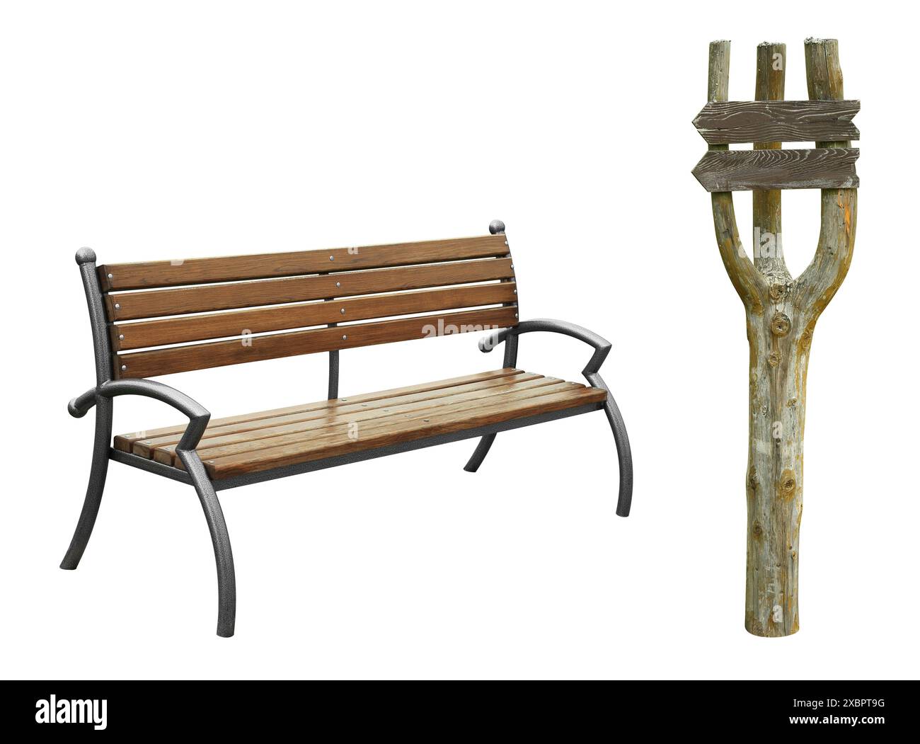 Set of Street things, such as: Brown Bench and Vintage Wooden Road Sign ...