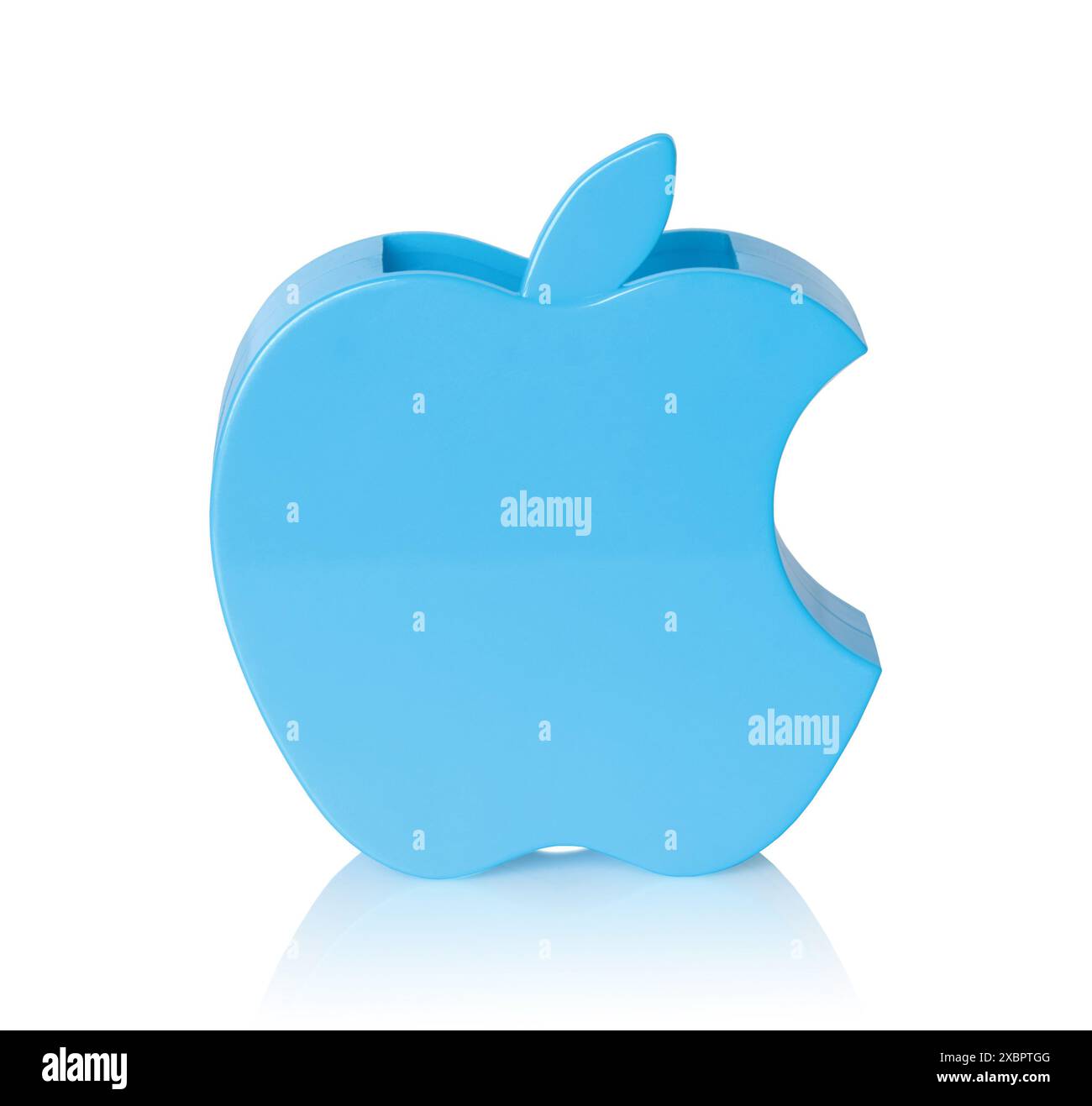 Pencil holder in the form of Apple Inc. brand logo, isolated on white ...