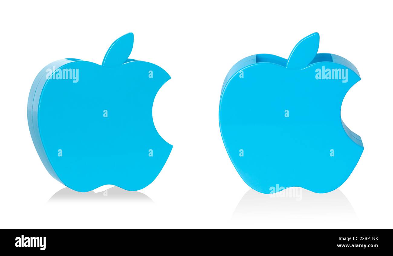 Set of Pencil holder in the form of Apple Inc. brand logo, isolated on ...