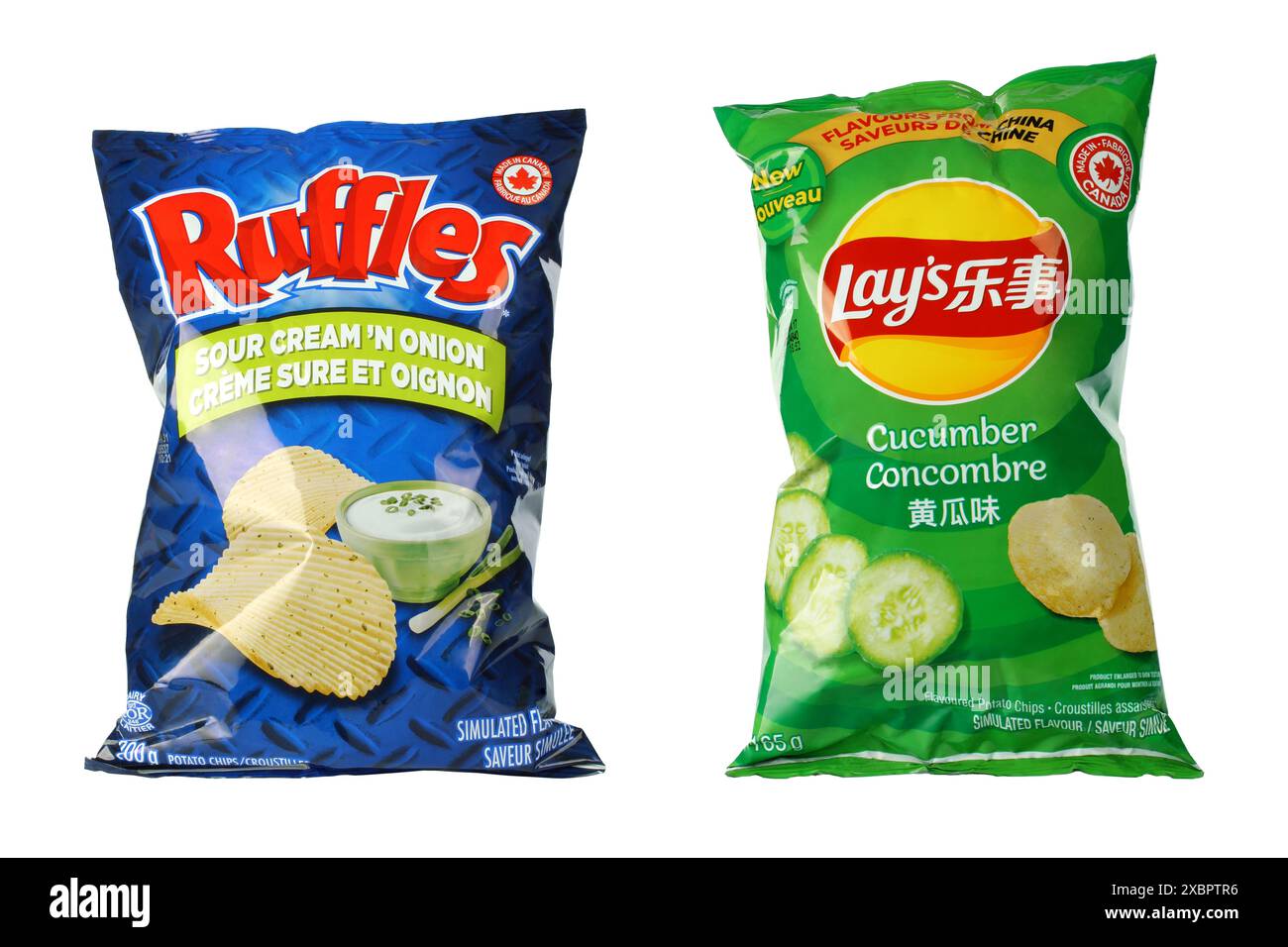 Set of Ruffles and Lays China potato chips snacks packages, isolated on ...
