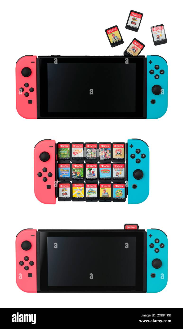 Set of Nintendo Switch game consoles with the cartridges, isolated on a ...