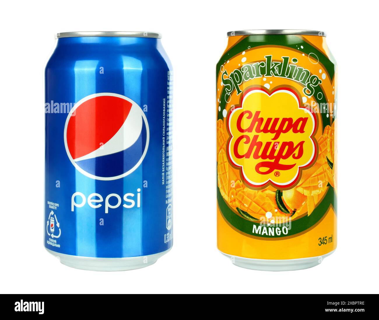 Set of Pepsi and Chupa Chups soft drink aluminum bottles, isolated on a ...