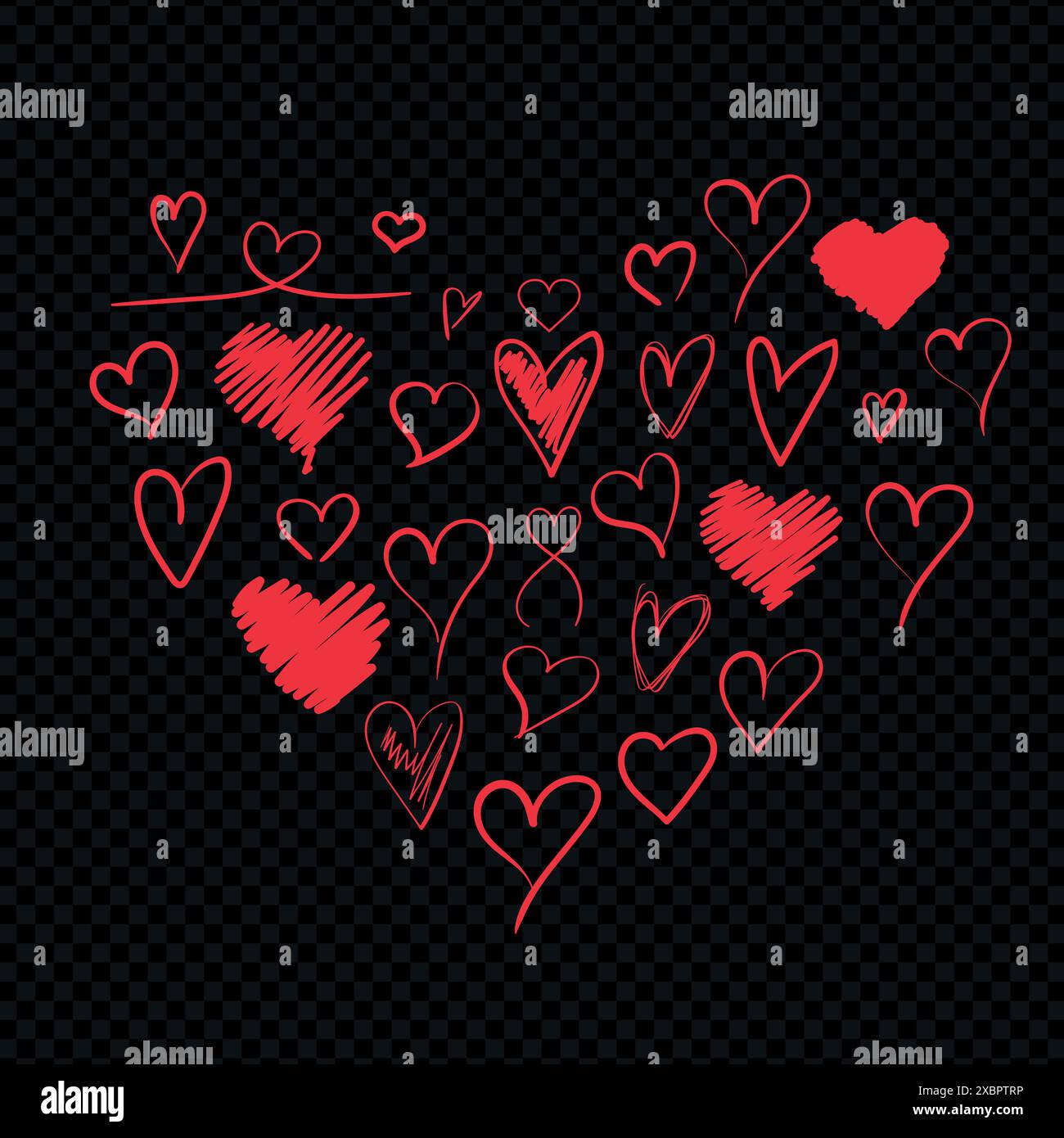 Hand drawn heart of hearts on dark transparent background. Doodle ...