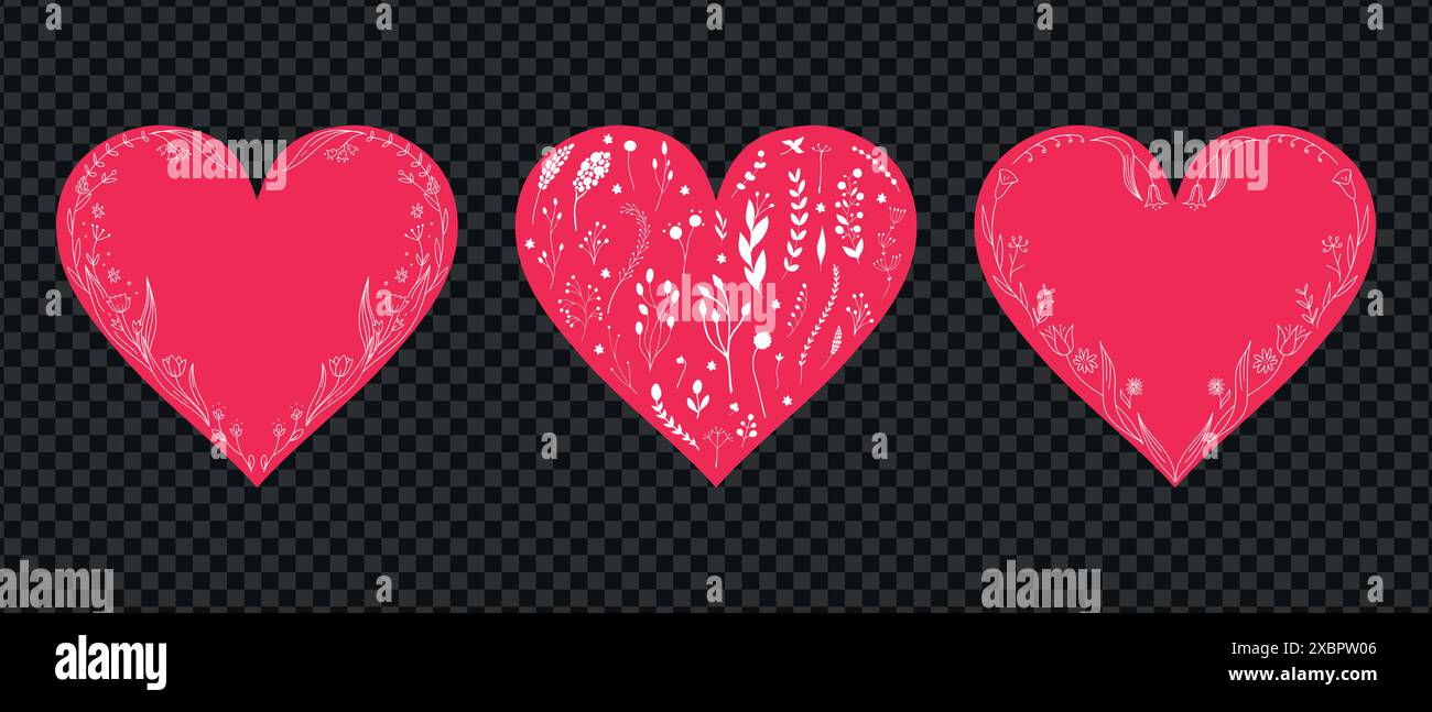 Set of red heart shapes decorated with botanical elements in boho style ...
