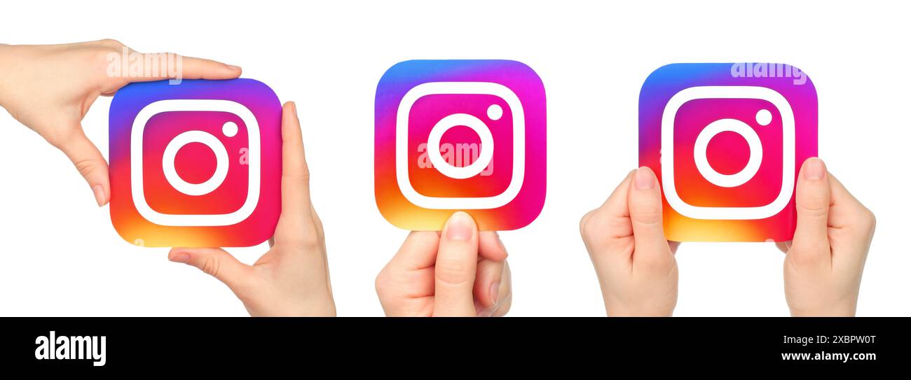 Set of Hands, which holding paper Instagram icon, isolated on a ...