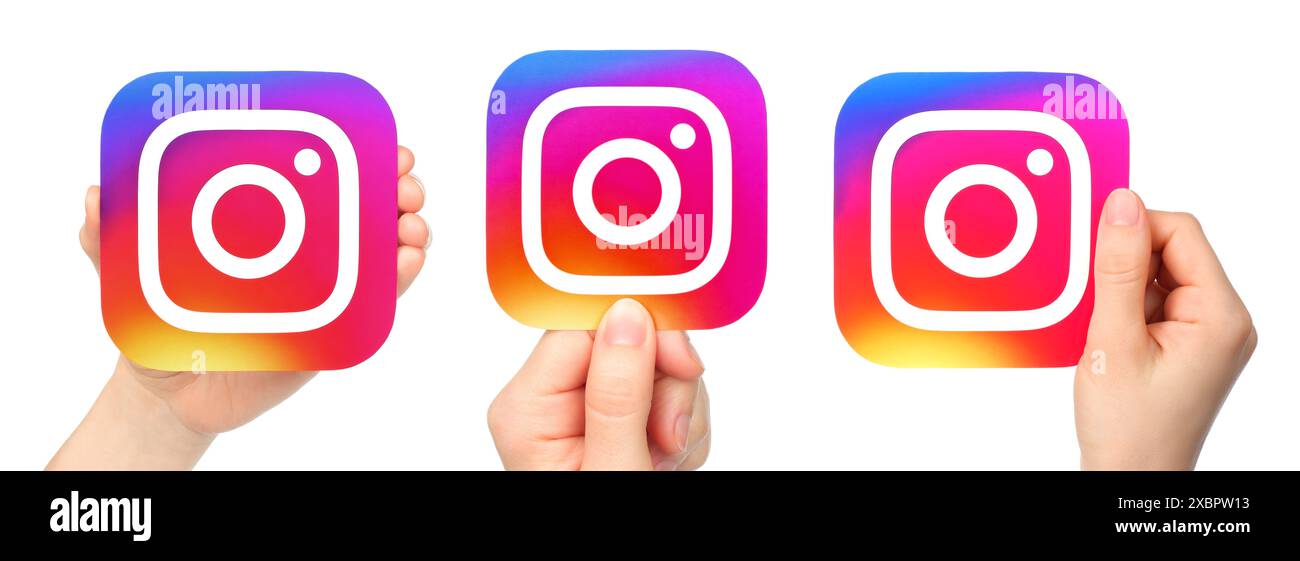 Set of Hands, which holding paper Instagram icon, isolated on a ...