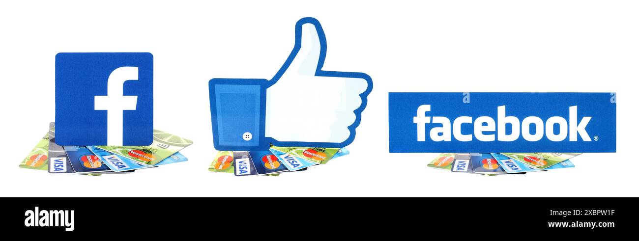 Set of Facebook paper logos with banking cards Visa and MasterCard ...