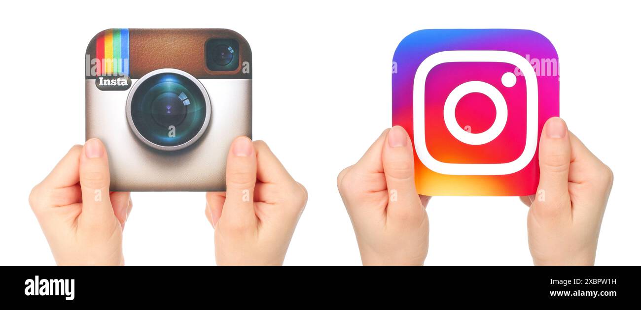 Set of Hands, which holding paper old and modern Instagram icons ...
