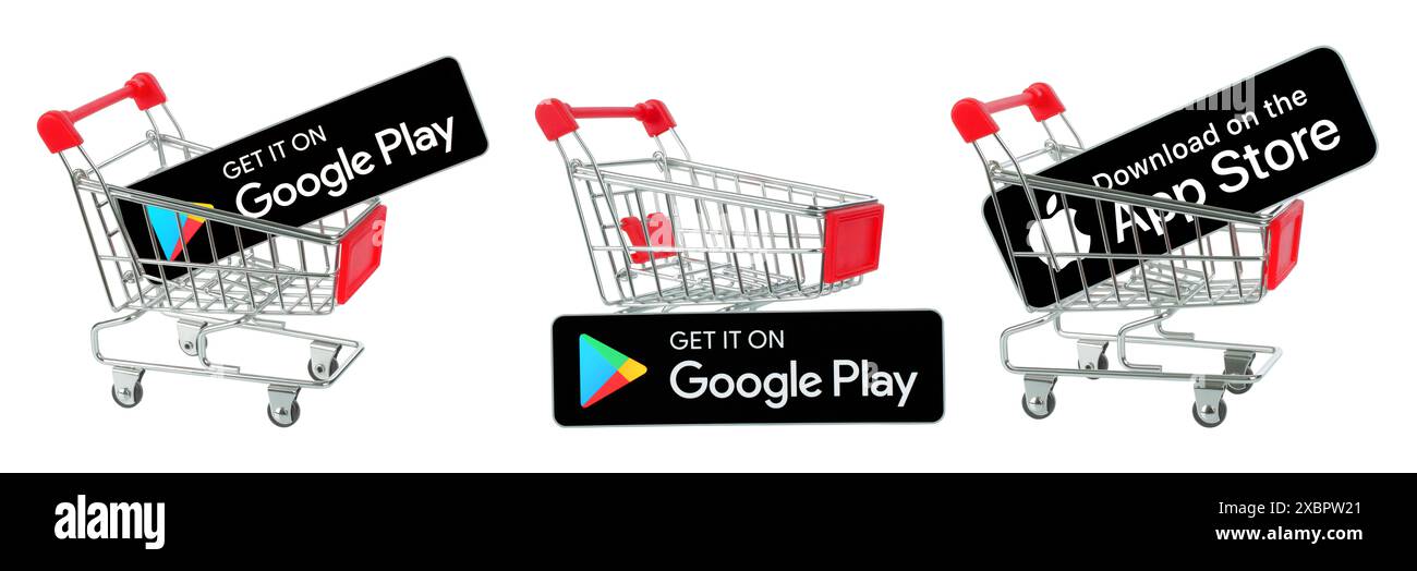Set of shopping carts with Download the App Store and Get it on Google ...