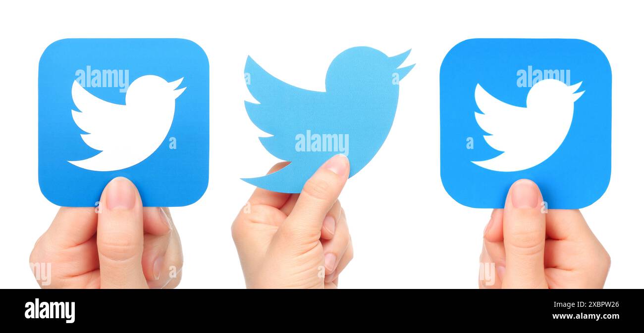 Set of Hands, which holding Twitter paper old logo bird and icons ...