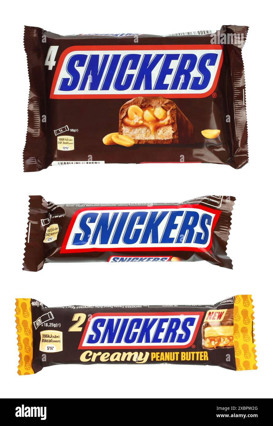 Set of Snickers Chocolate Bars, isolated on a white background. Mars ...