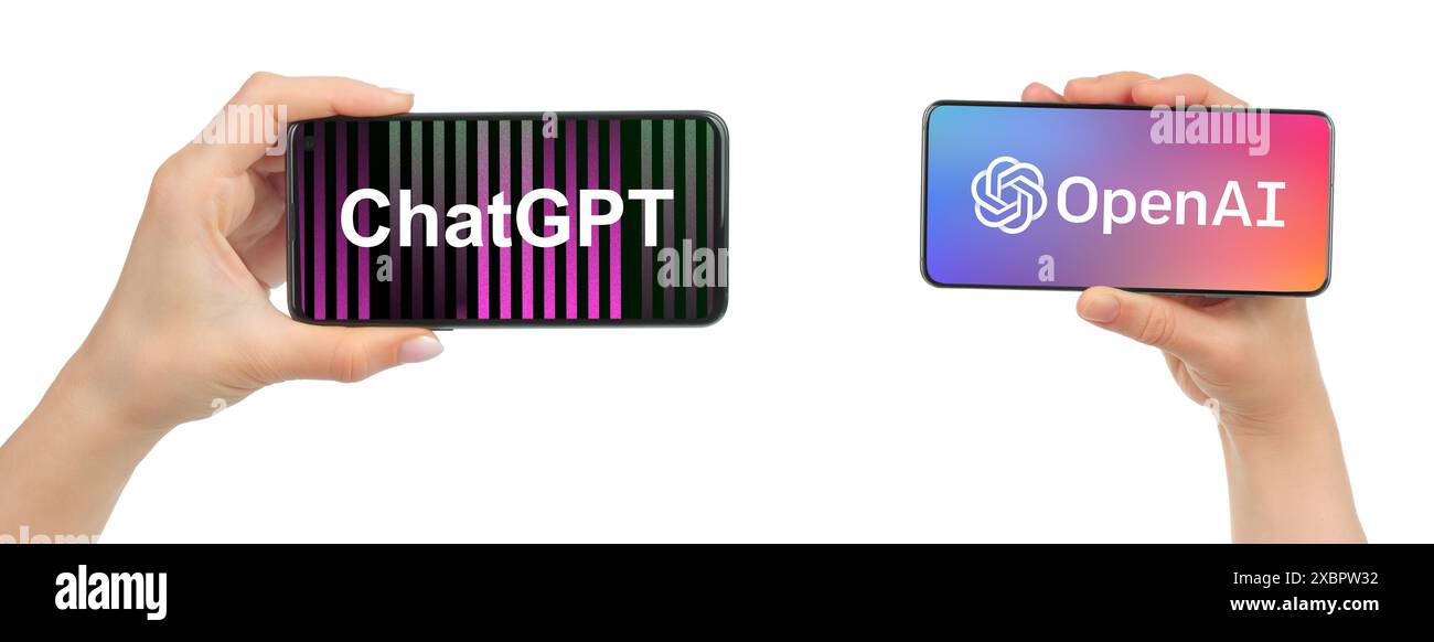 Set of Hands with mobile phone with OpenAI logo on it screen, isolated ...