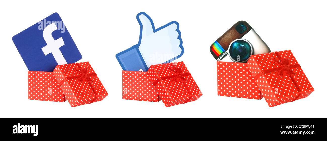 Set of old Facebook and Instagram paper logos in present box, isolated ...