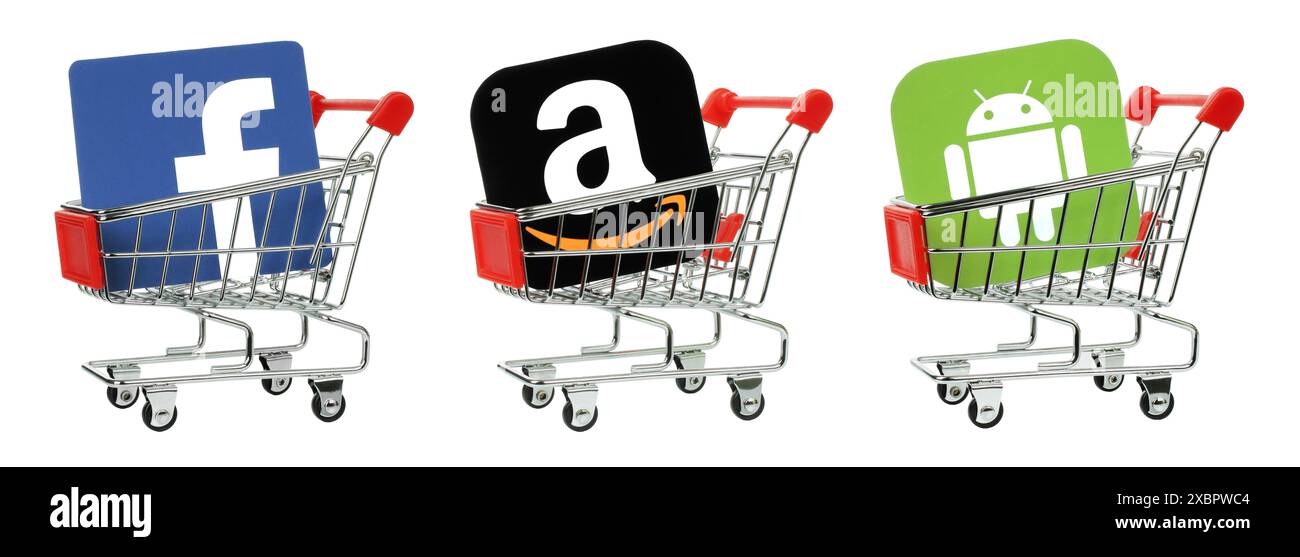 Set of Facebook, Amazon and Android paper icons in shopping cart ...