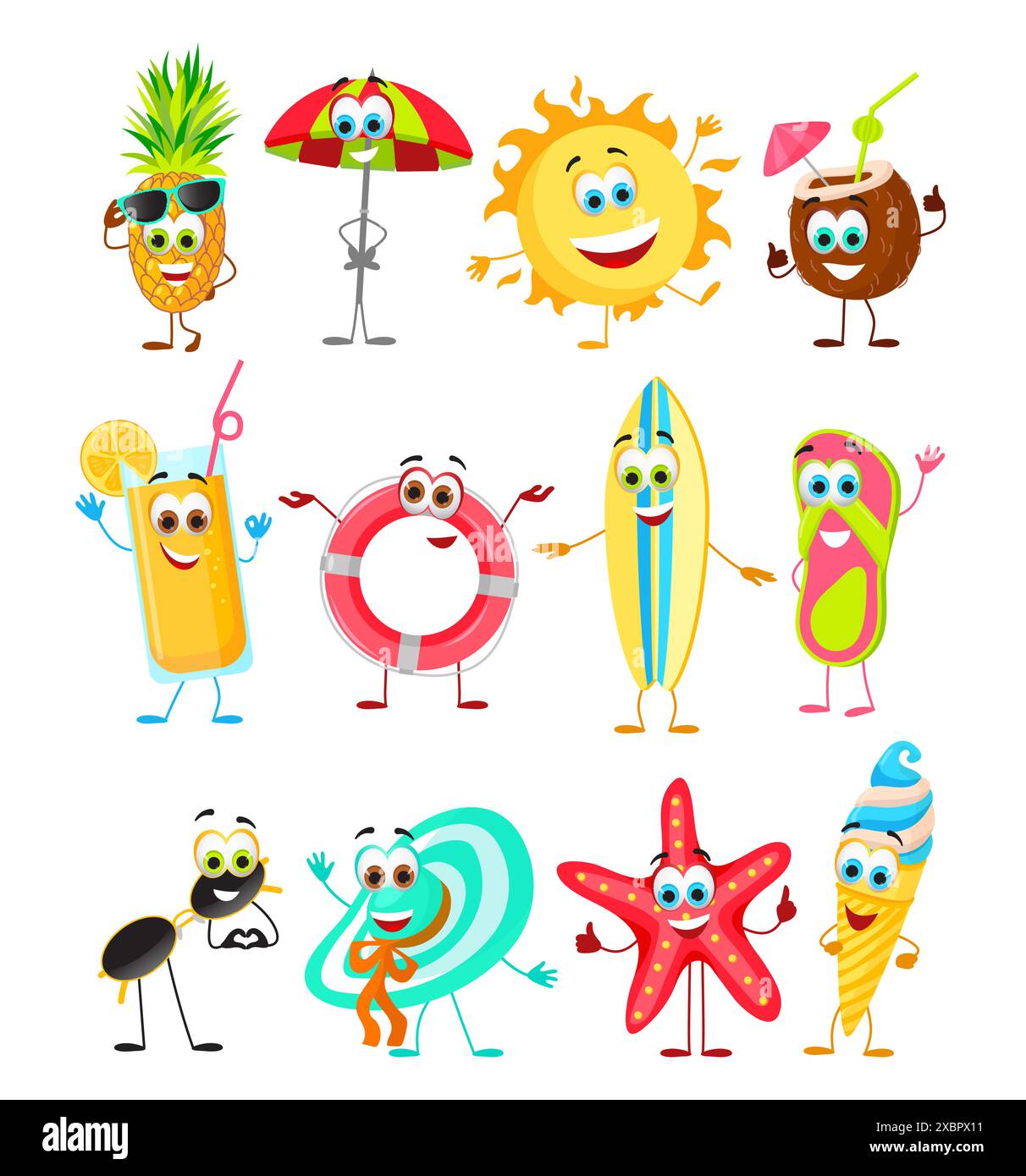 Set of Funny Summer Fruits and Summer Things with eyes - Collection ...