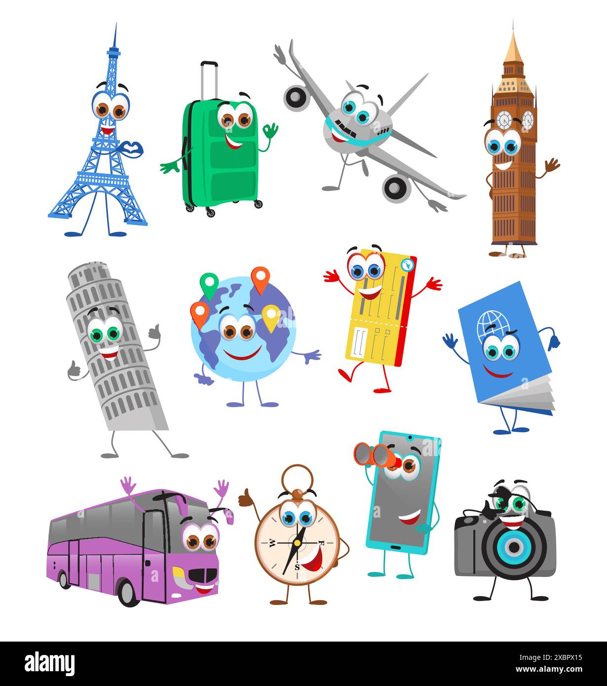 Set of Funny Travel Objects on white background. Cartoon funny ...