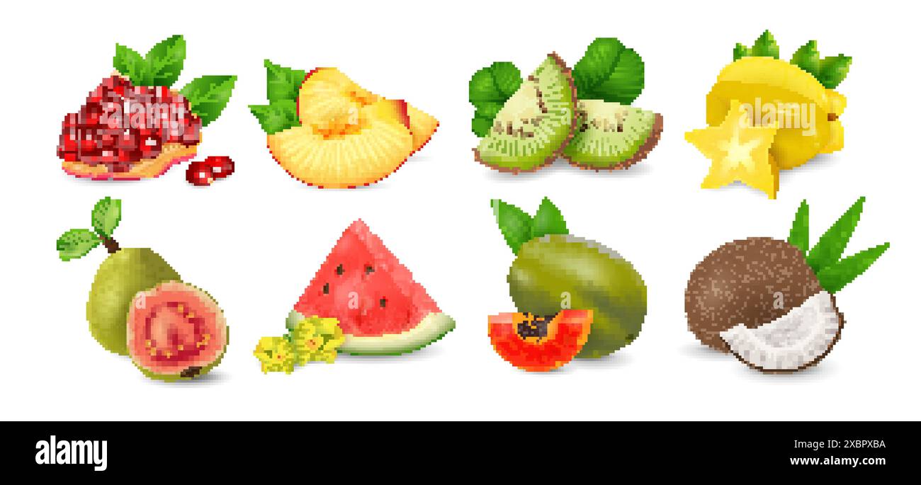 Set of Exotic Fruits, realistic design vector illustration close-up ...