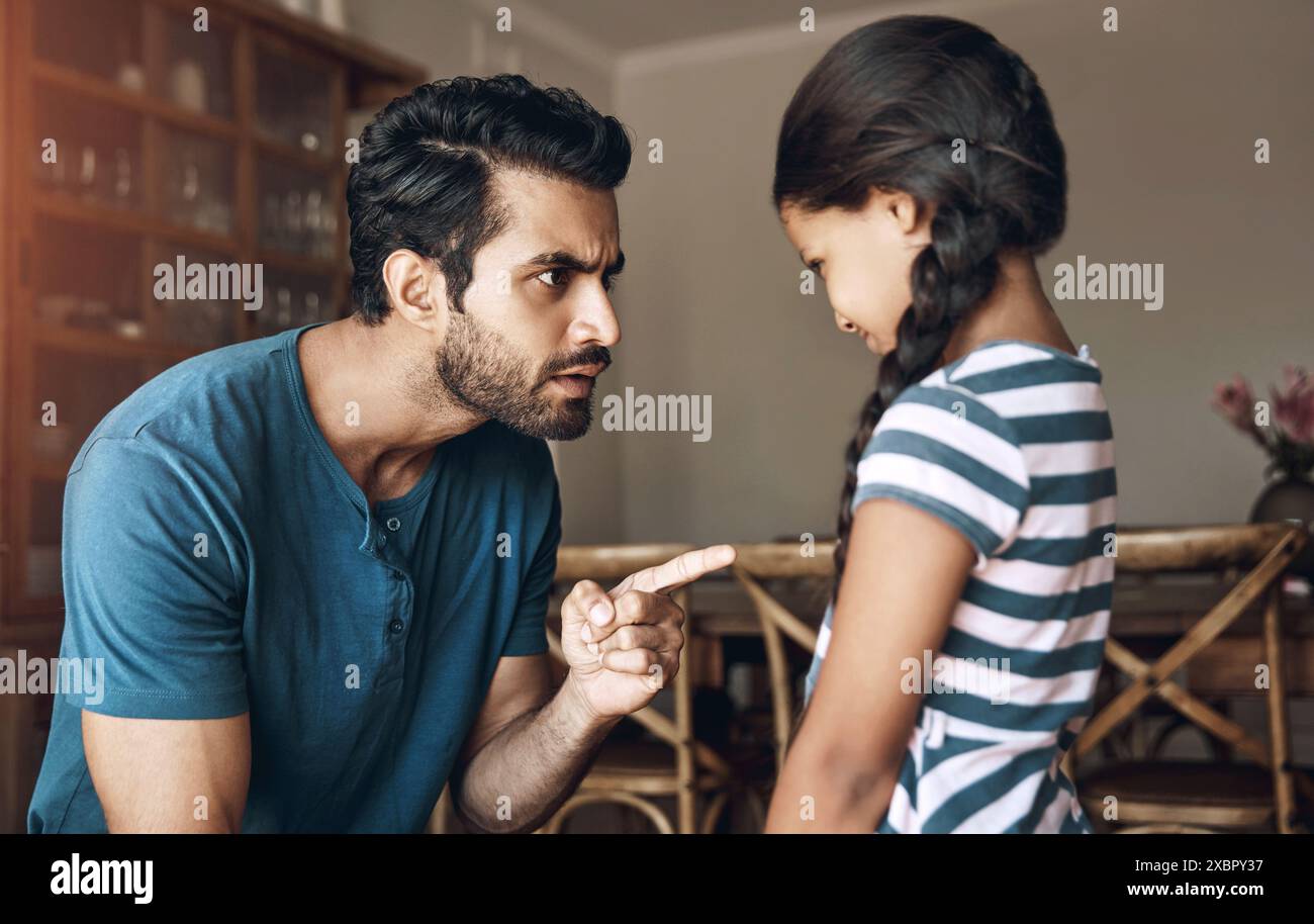 Angry, father and kid with scolding in punishment for communication ...