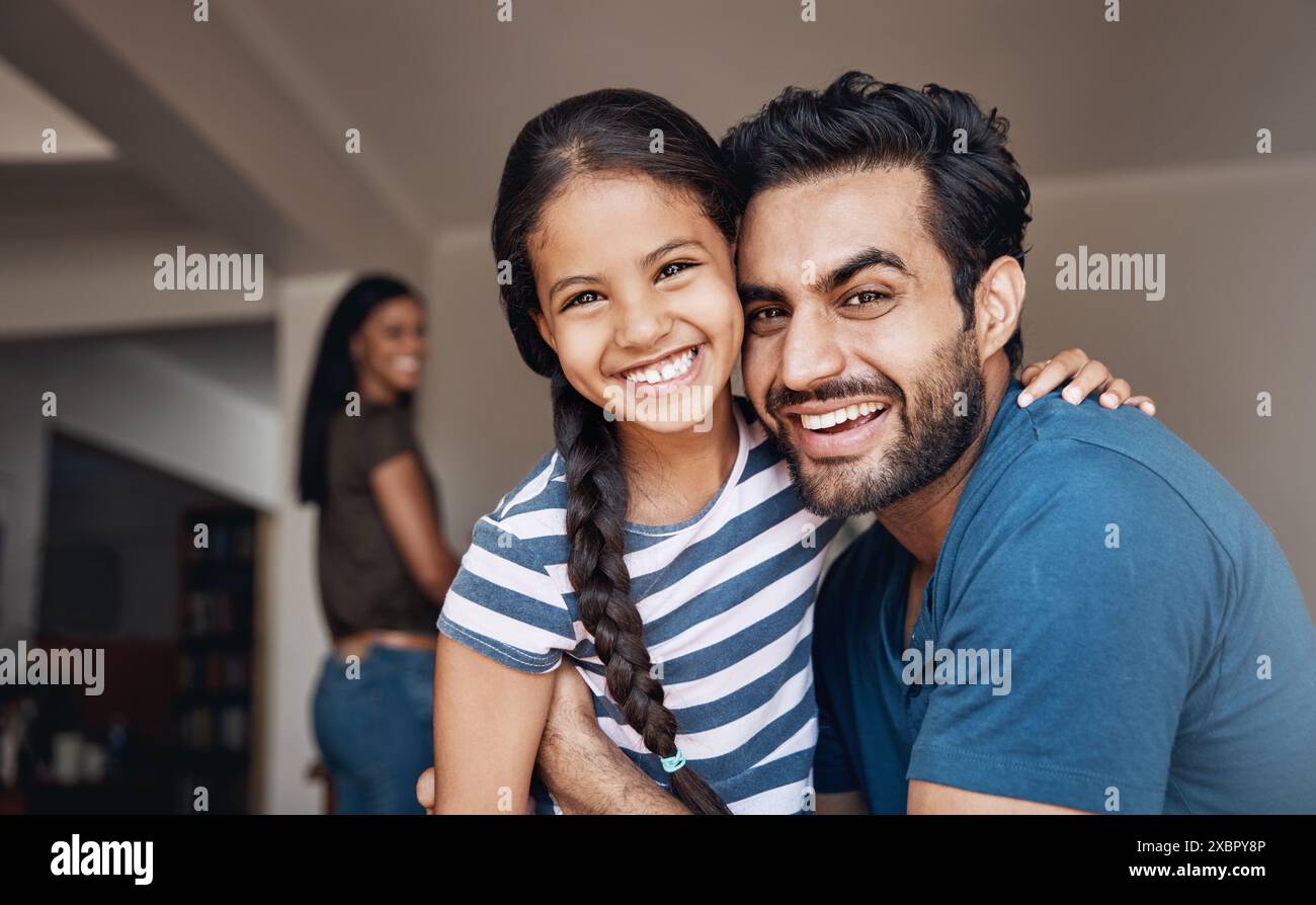 Portrait, happy dad and hug kid for family bonding, care and connection ...