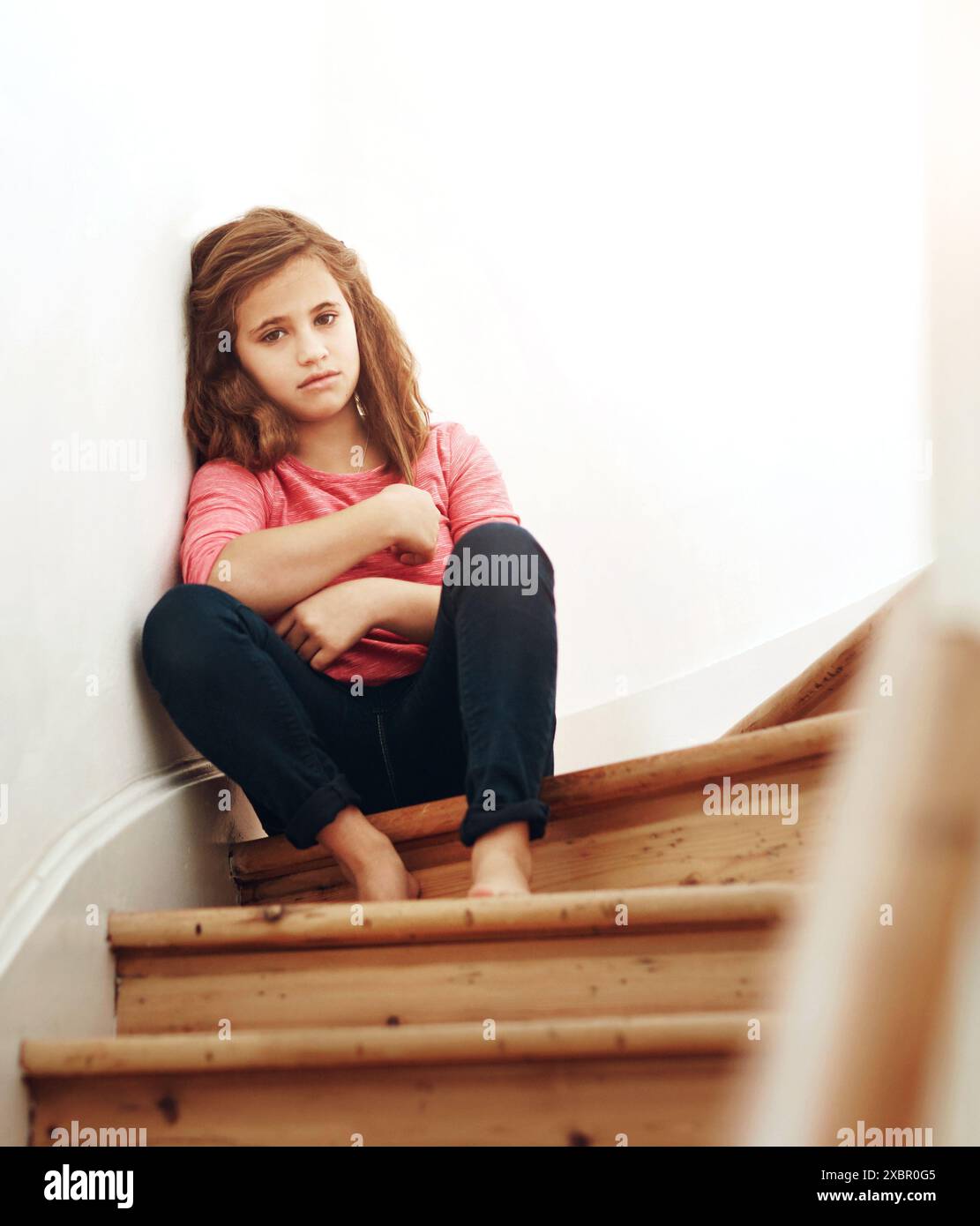 Sad, child and stairs with portrait upset from family crisis, fight and ...