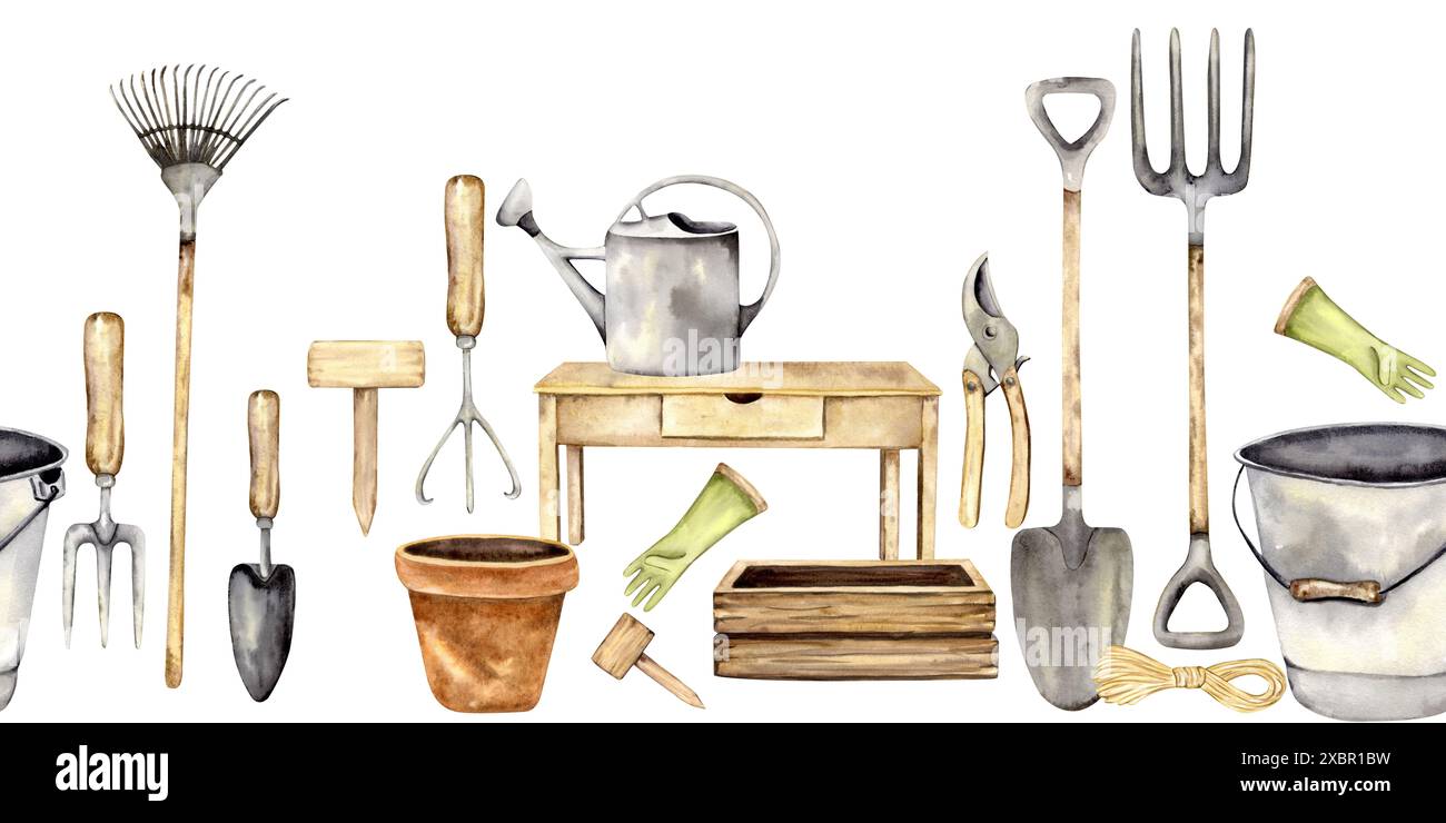 Seamless watercolor border with garden tool Stock Photo - Alamy