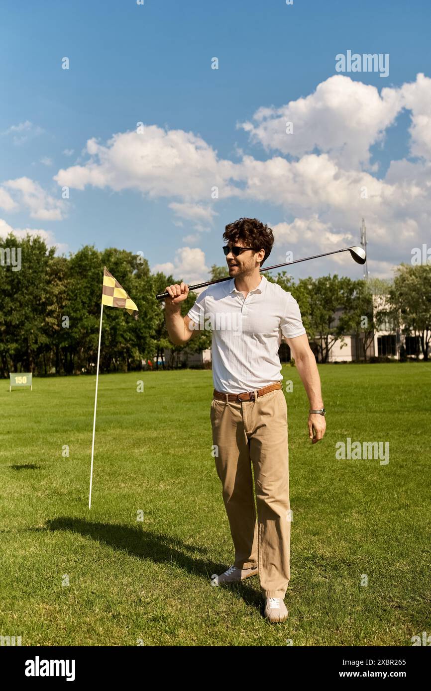 A man in elegant attire plays golf on a lush green field, embodying the ...