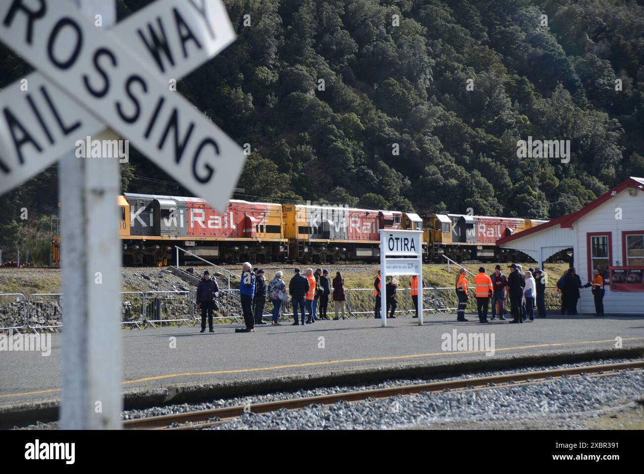 OTIRA, NEW ZEALAND, AUGUST 4, 2023: The TranzAlpine pulls into Otira to ...