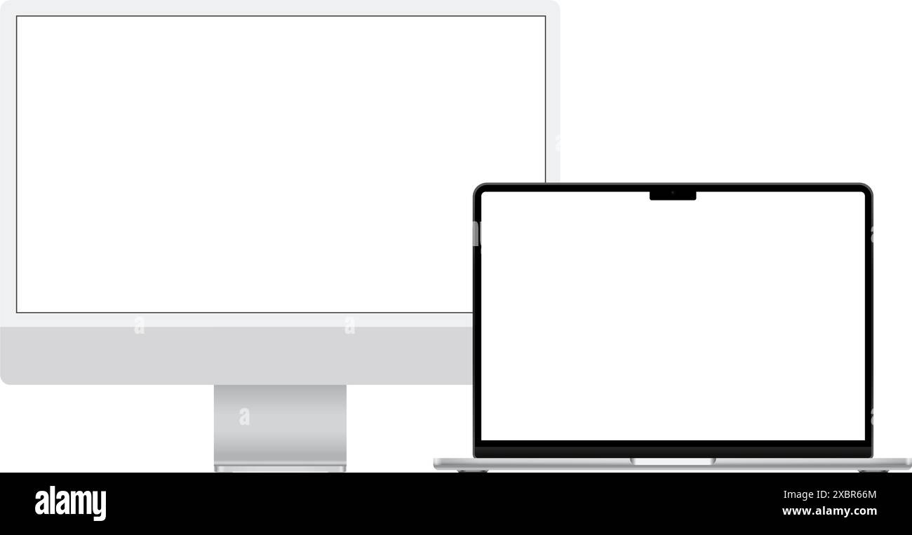Set of Apple gadgets and devices: MacBook 14 Pro and iMac, on white ...
