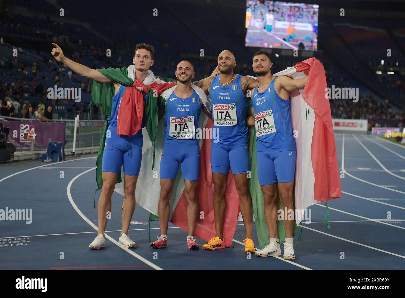 Rome, Italy. 12th June, 2024. Italy wins the men's 4x100 relay at the ...