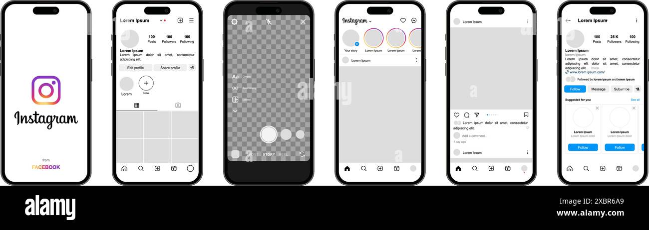 Set of iPhone 14 Pro smart phones with Instagram UI templates on a ...