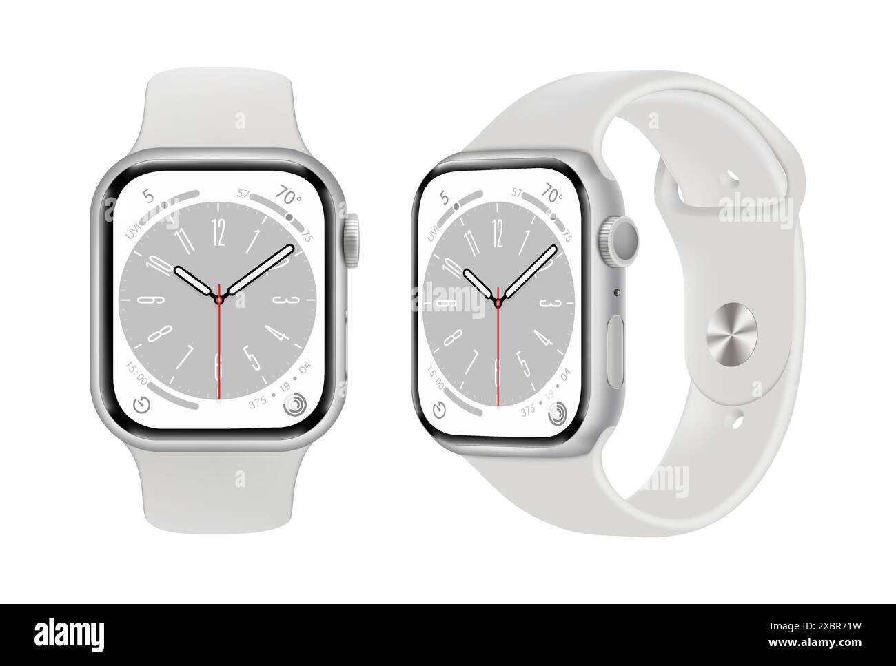 Apple Watch Series 8, in front side and sideways, in official silver ...