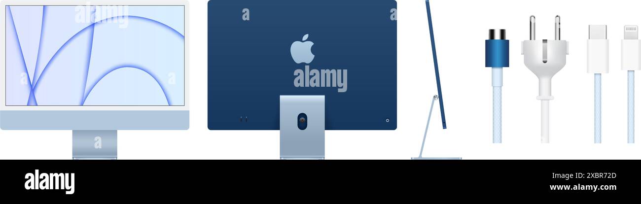 Set of new blue Apple iMac equipment, which transformed by the M1 chip ...