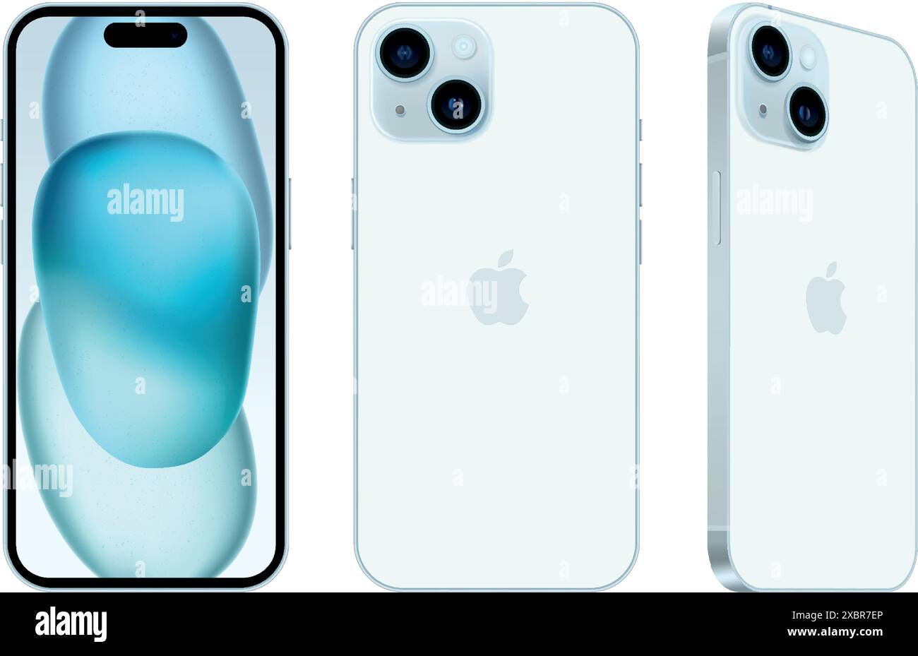 Set of Blue Apple iPhone 15 mobile phone in different sides, on white ...