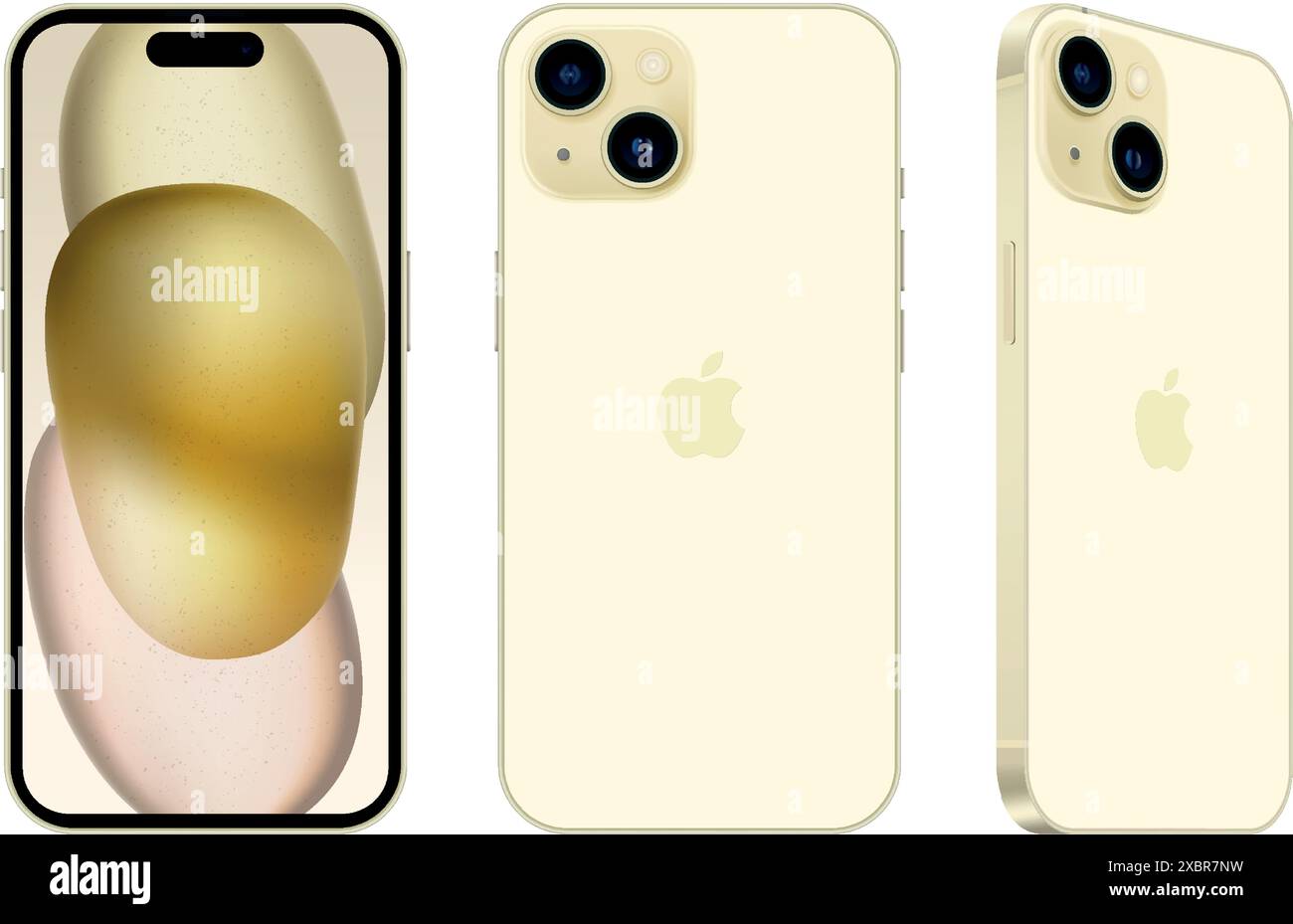 Set of Yellow Apple iPhone 15 mobile phone in different sides, on white ...