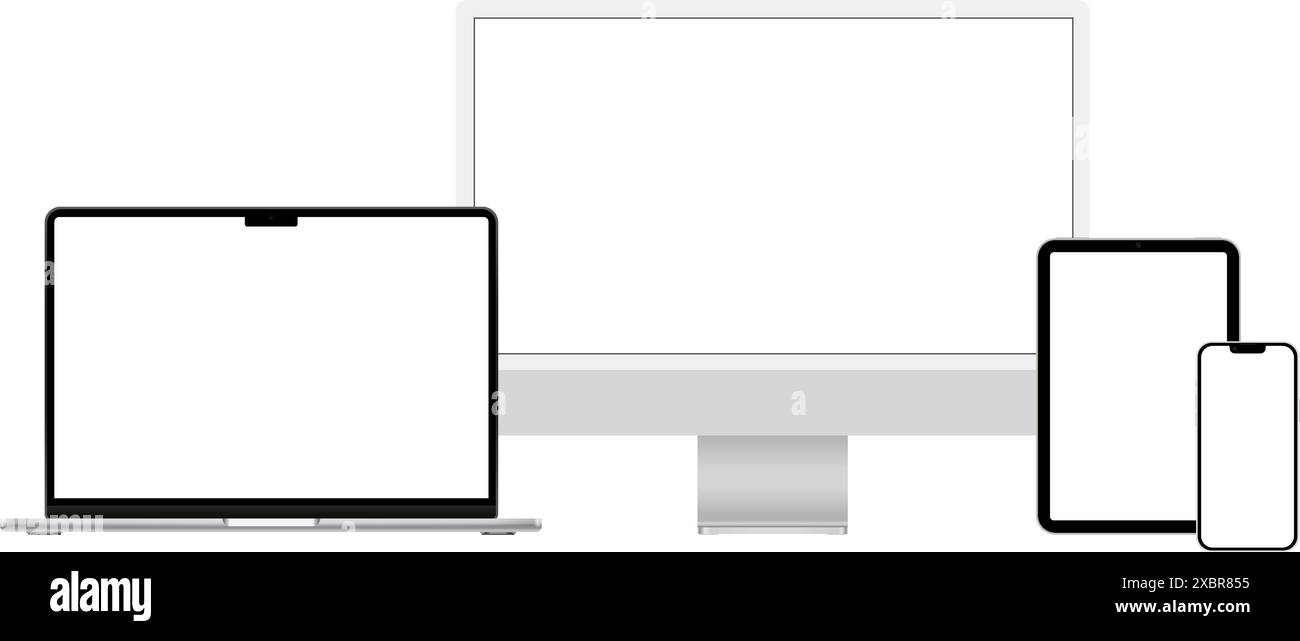 Set of Apple gadgets and devices: MacBook 14 Pro, iMac, iPad mini and ...