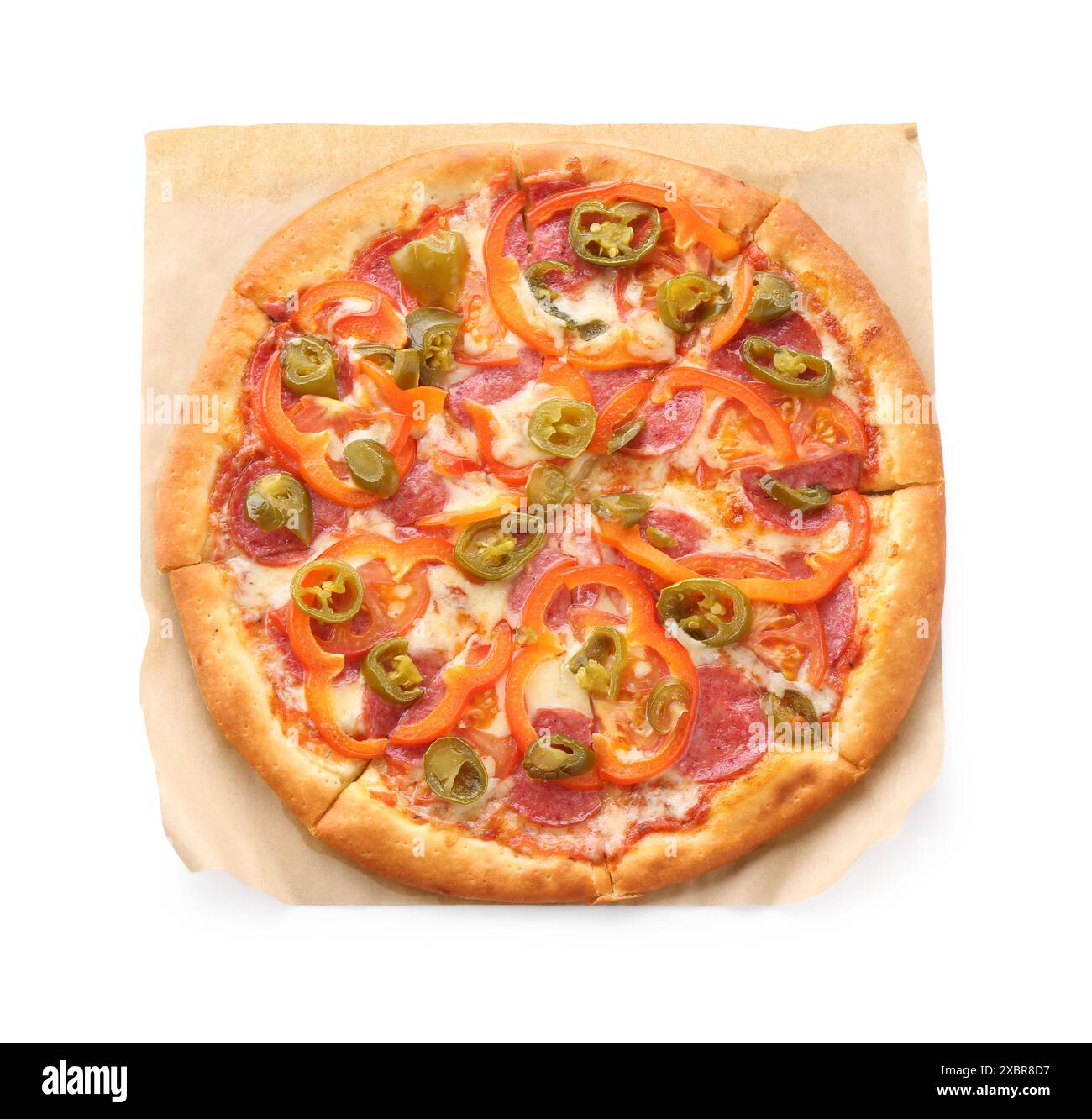 Delicious hot pizza Diablo isolated on white, top view Stock Photo - Alamy