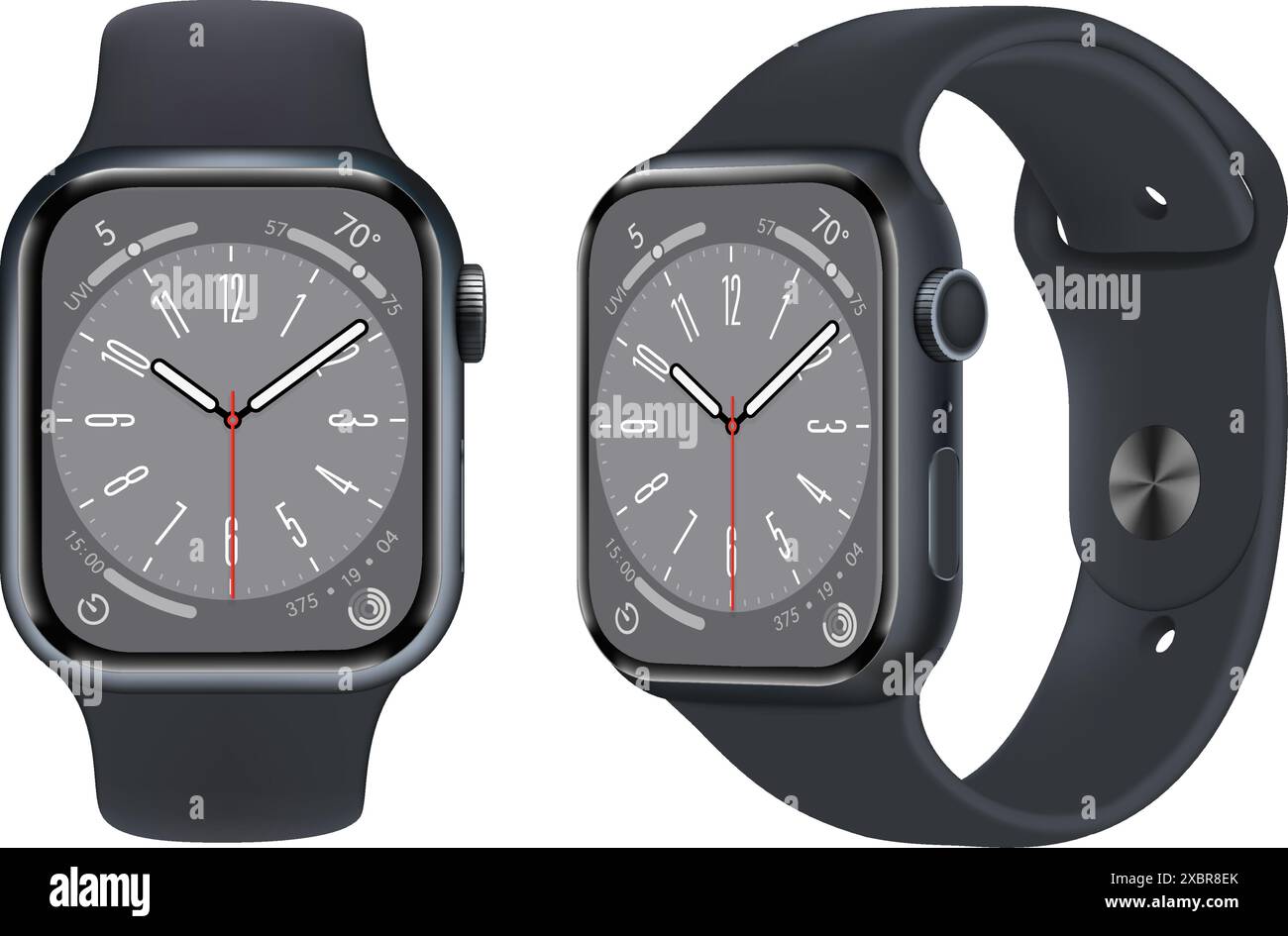 Apple Watch Series 8, in front side and sideways, in official midnight ...