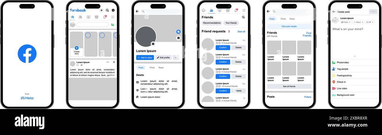 Set of iPhone 14 Pro smart phones with Facebook UI templates on a white ...