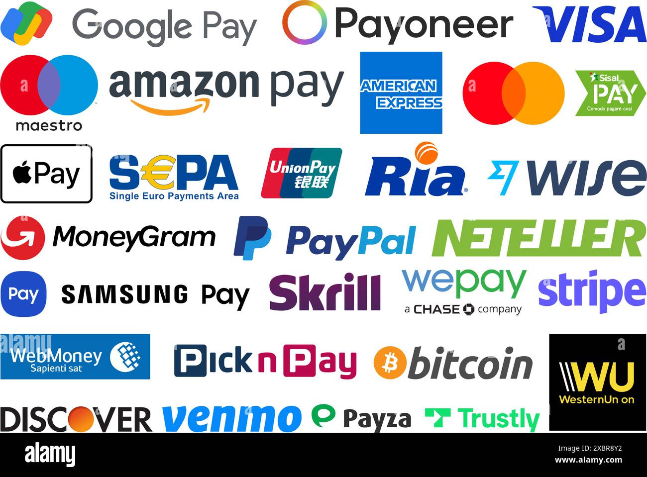Set of popular Payment System logos: Google Pay, Payoneer, American Express, MasterCard, Visa ...