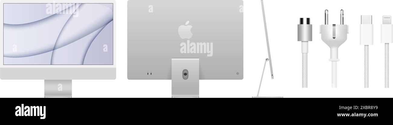 Set of new silver Apple iMac equipment, which transformed by the M1 ...