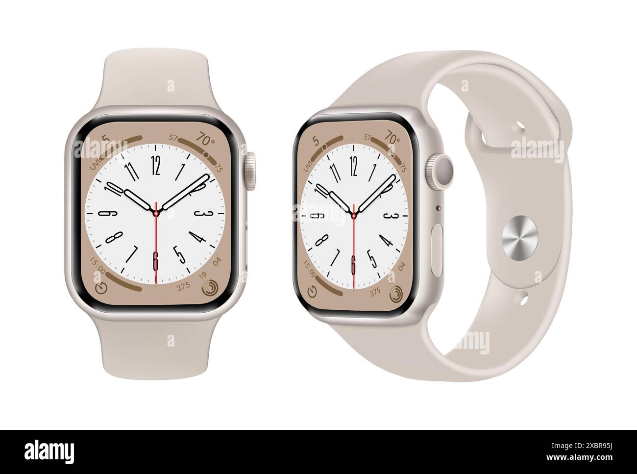 Apple Watch Series 8, in front side and sideways, in official starlight ...