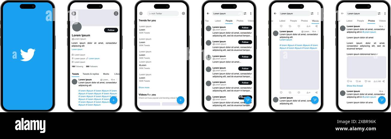 Set of iPhone 14 Pro smart phones with Twitter UI templates on a white ...