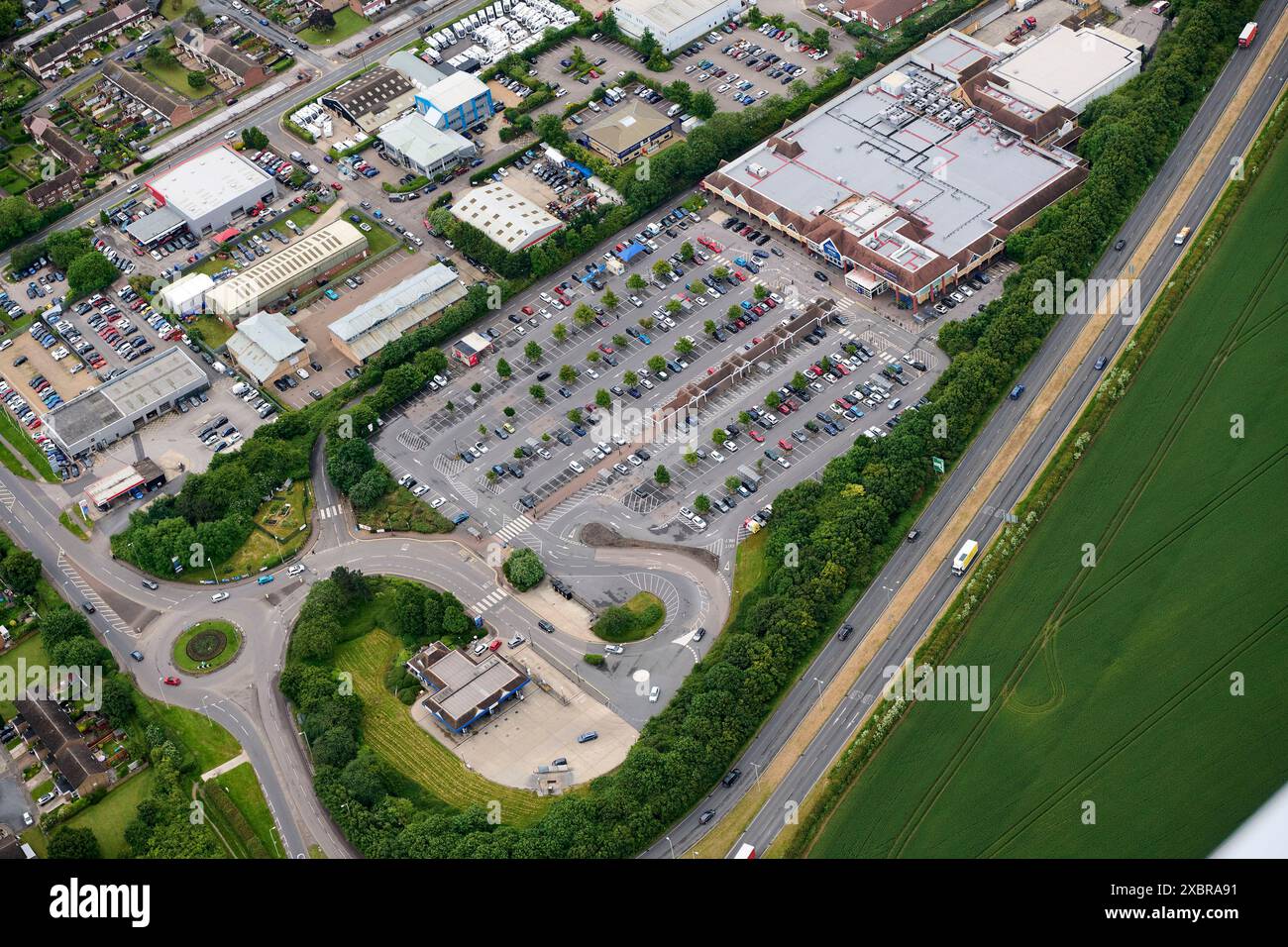 An aerial view of Tesco Supermarket, on the edge of Royston ...
