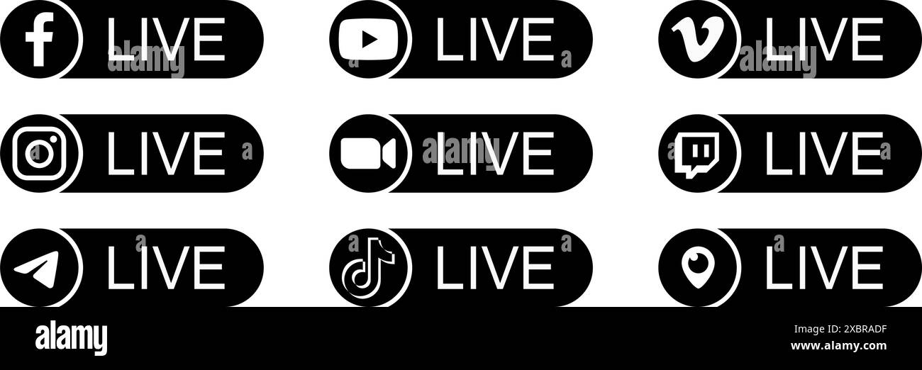 Set of black Live Social Media Buttons for streaming, such as: Facebook ...