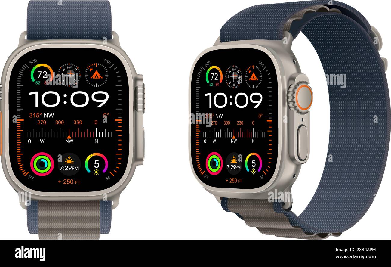 Titanium Apple Watch Ultra 2 Series device with Alpine Loop band, on a ...