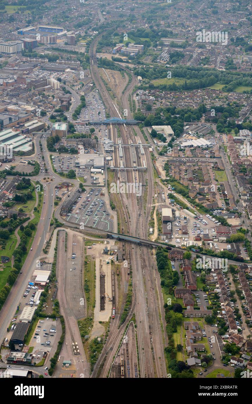an aerial view of the East Coast Main Line and the station at the City ...