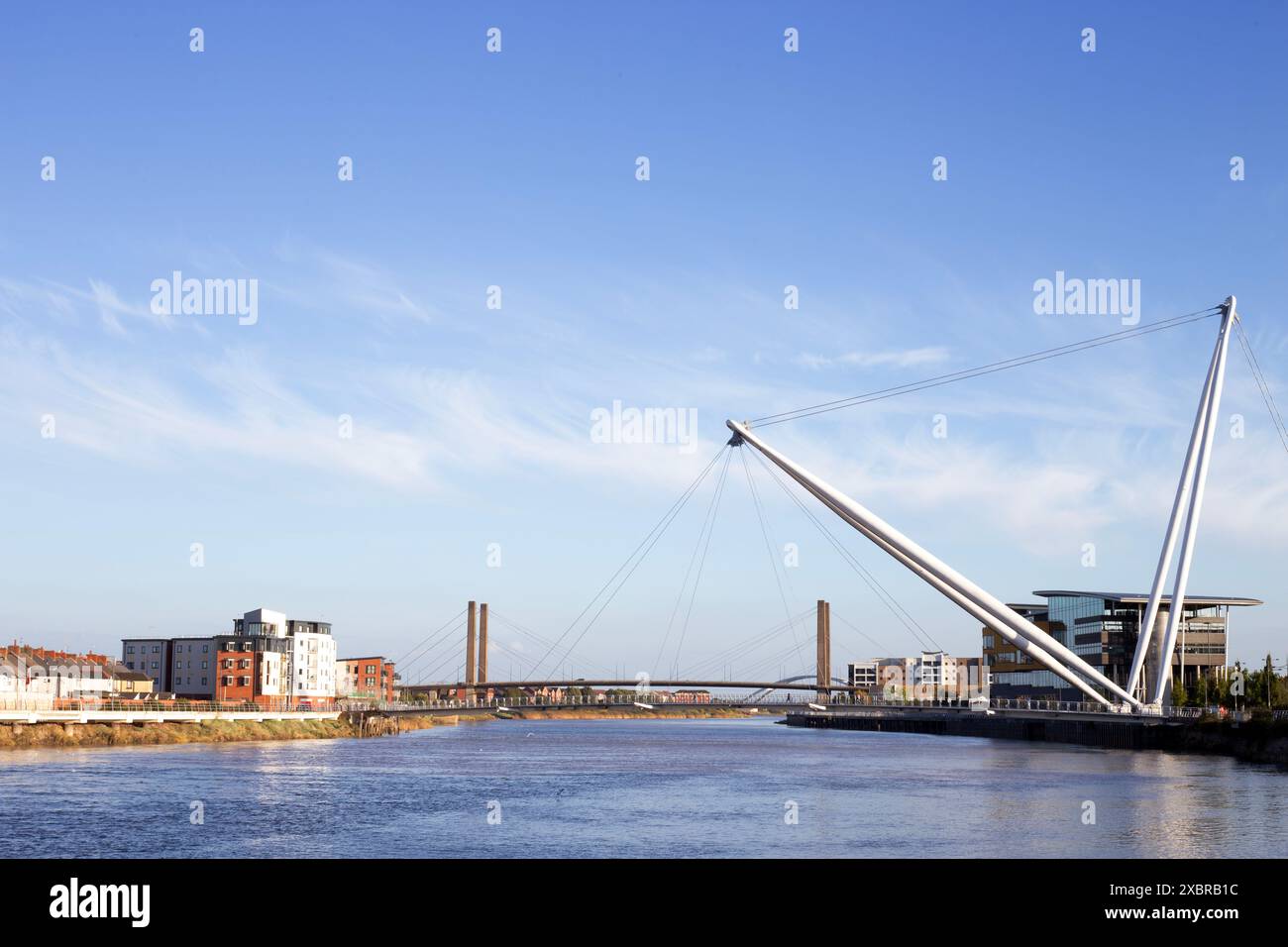 Iconic pedestrian cable stayed footbridge over the river Usk at Newport ...