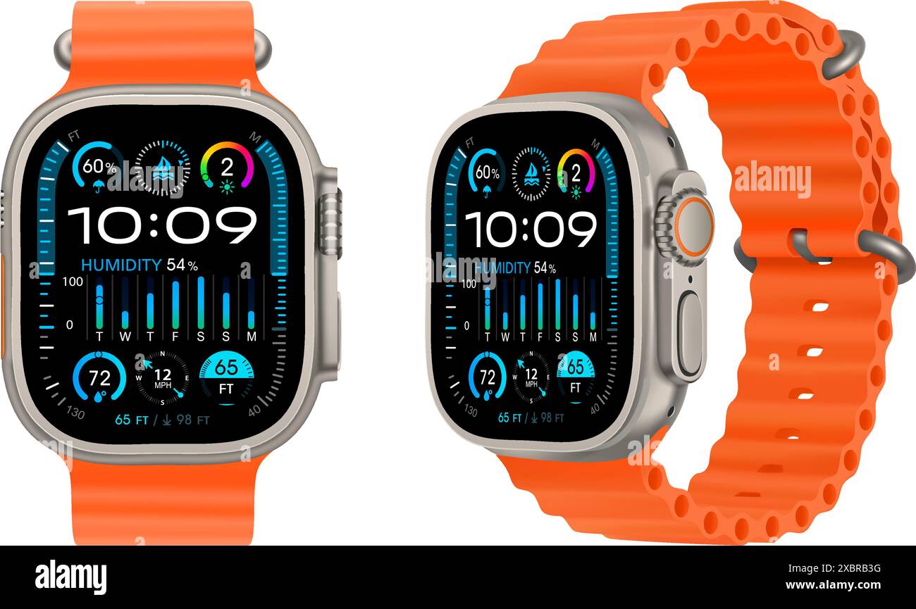 Titanium Apple Watch Ultra 2 Series device with Ocean Loop band, on a ...