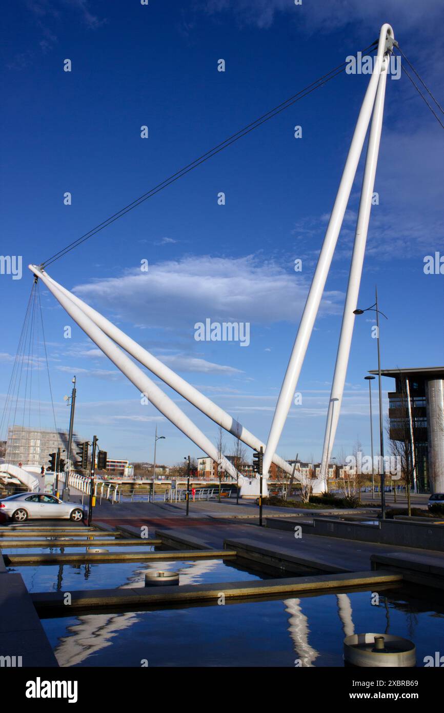 Iconic pedestrian cable stayed footbridge over the river Usk at Newport ...